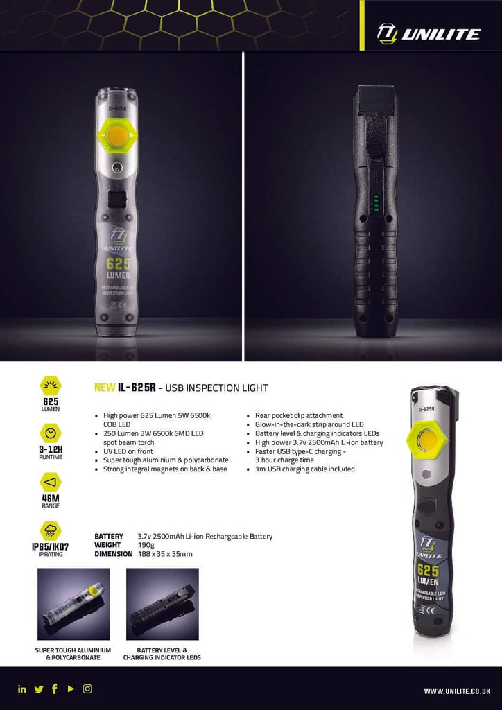 UNILITE 625 lumen Premium 3-in-1 Rechargeable Inspection Light
